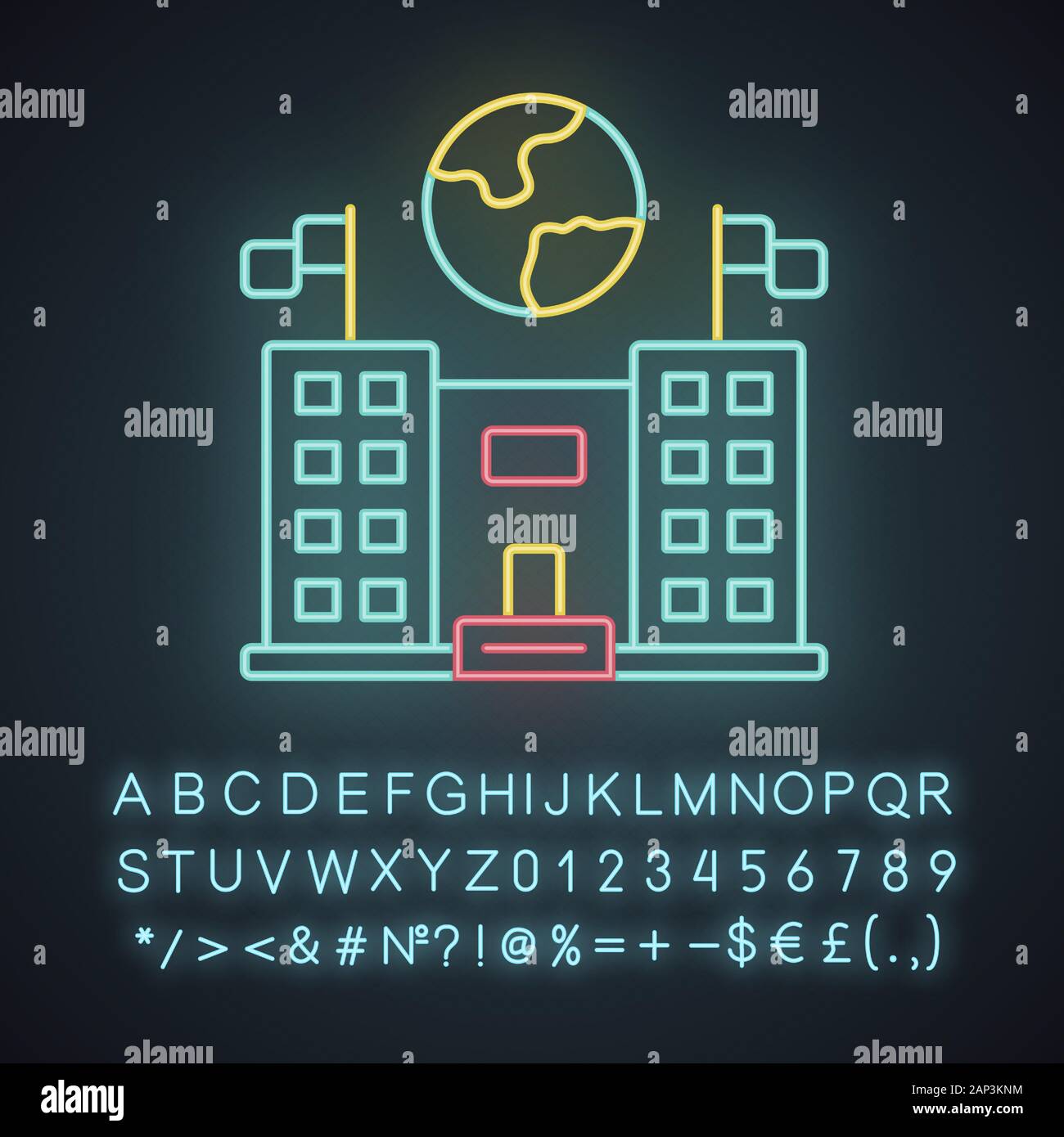 Immigration center neon light icon. Embassy and consulate building ...