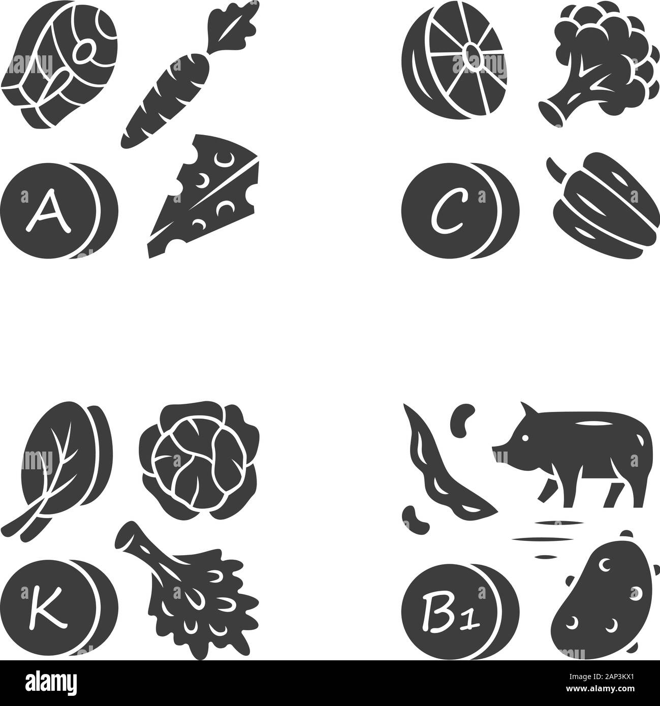 Vitamins glyph icons set. A, C, B1, K vitamins natural food source ...