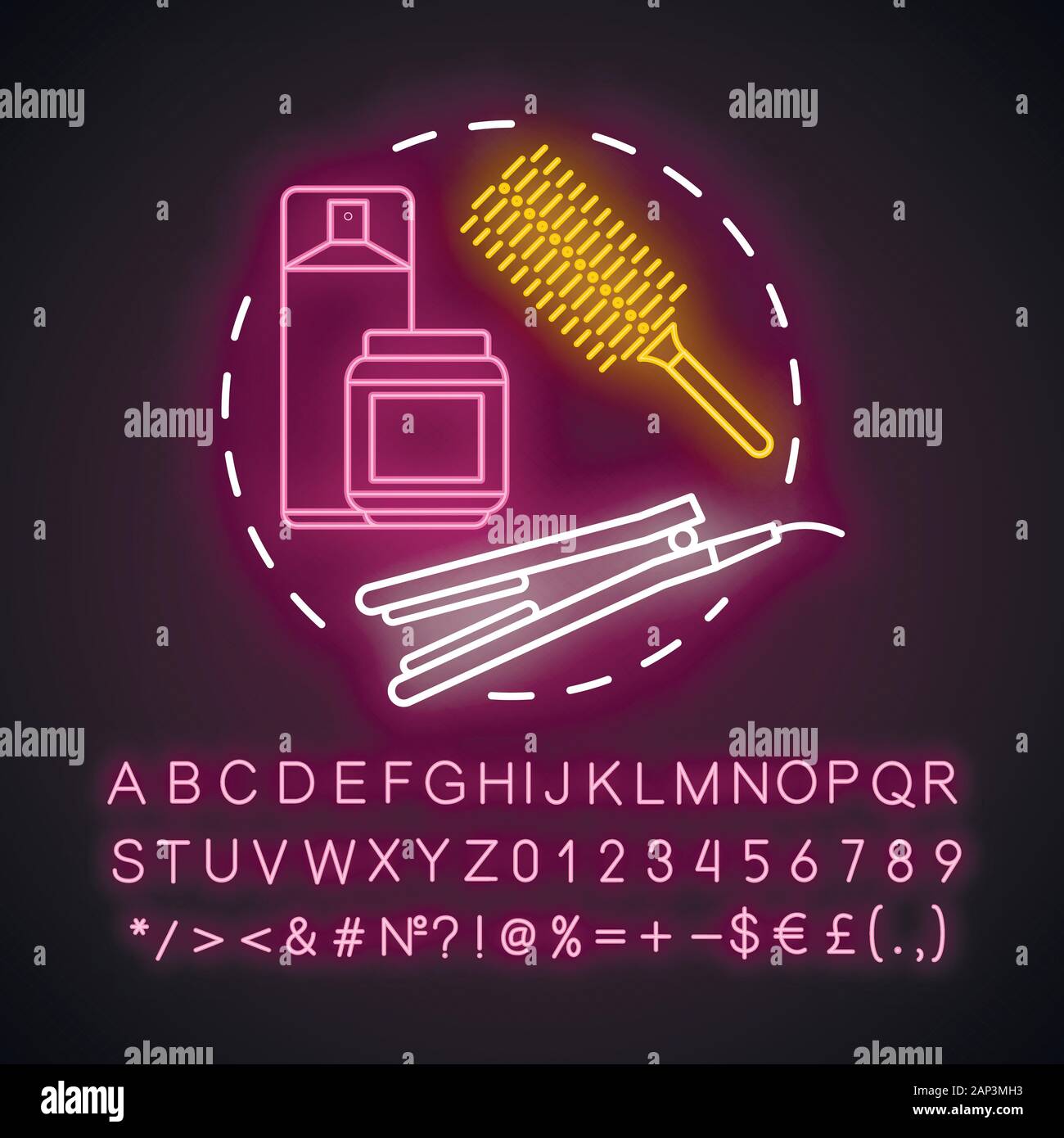 Hair styling neon light concept icon. Hair care products and electric ...