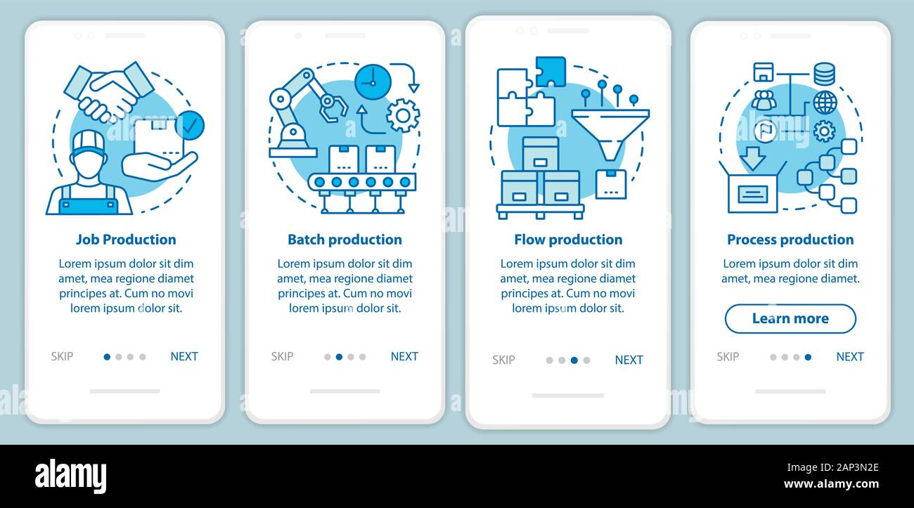 Manufacturing Method Blue Onboarding Mobile App Page Screen With Linear Concepts Job Batch