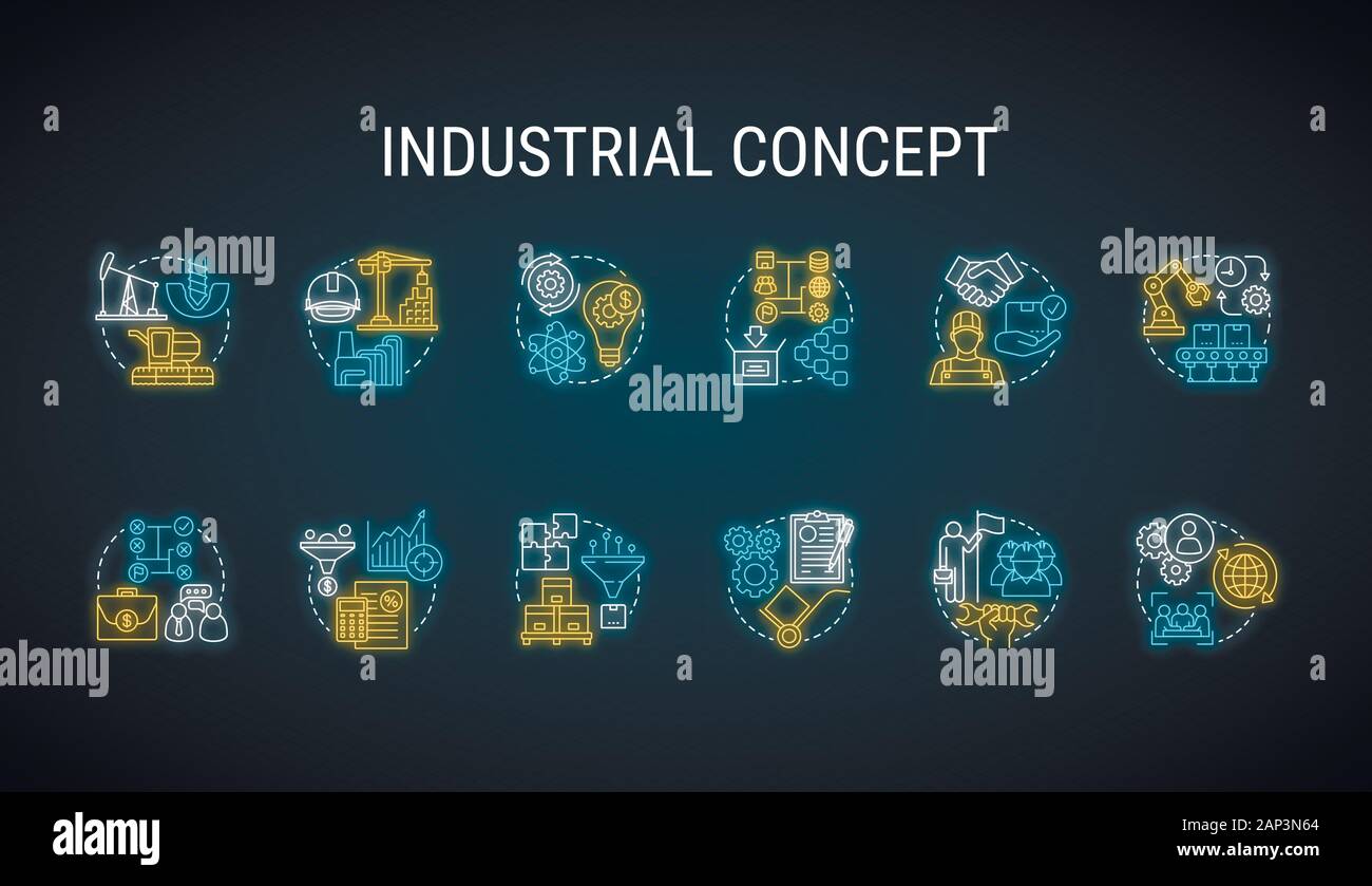 Industrial neon light concept icons set. Economy segment idea. Primary ...