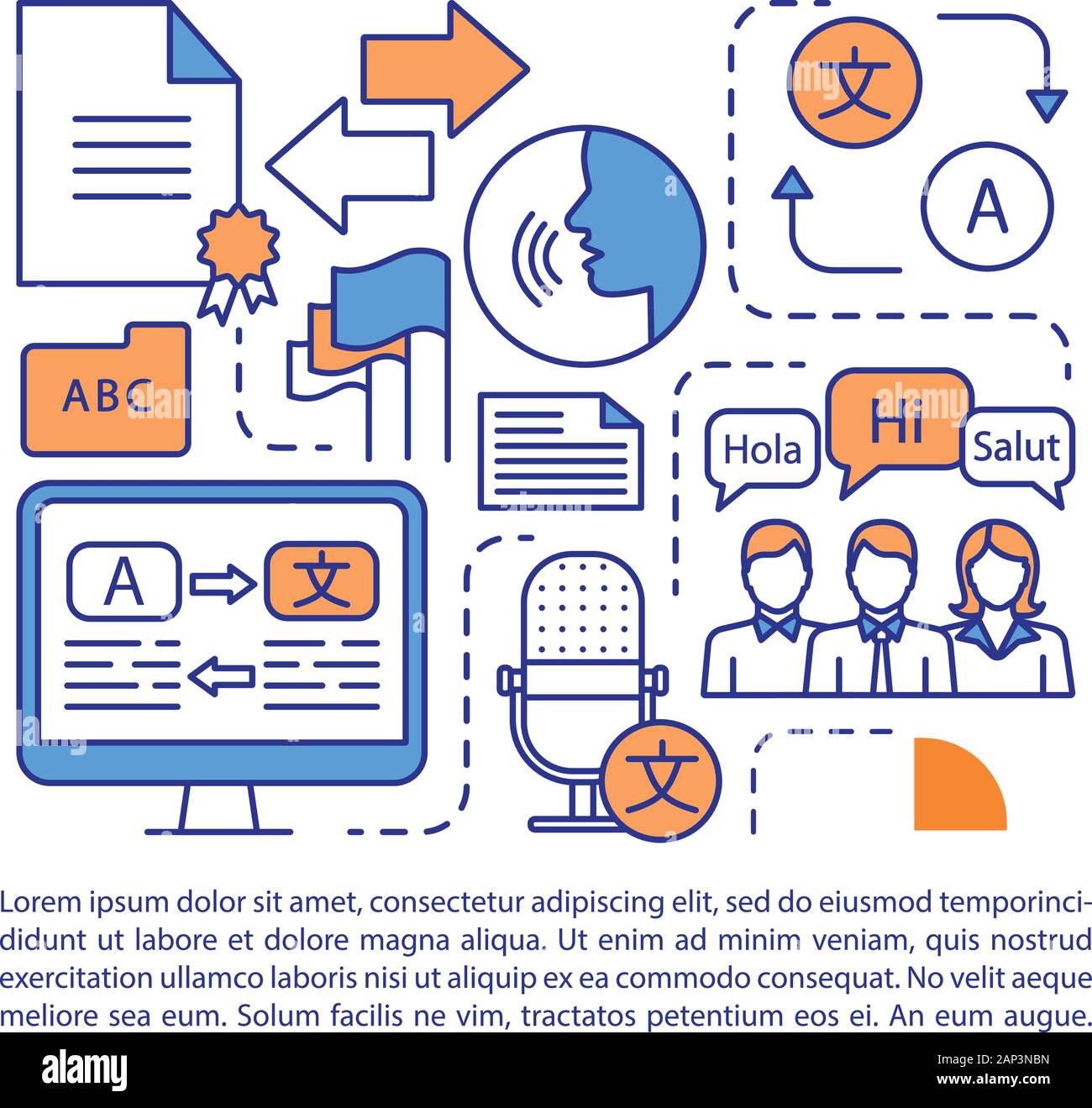 Translation services article page vector template. Language learning class. Brochure, magazine ...