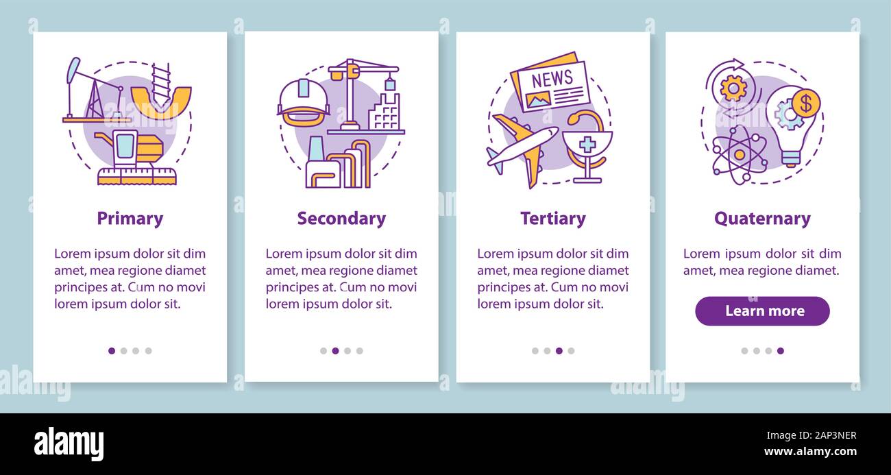 Manufacturing process onboarding mobile app page screen with linear concepts. Primary, secondary ...