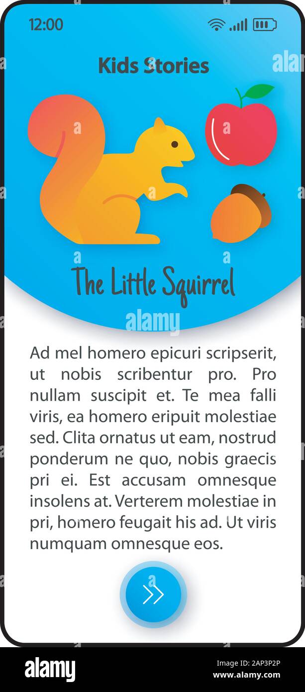 Kids stories smartphone interface vector template. Mobile app page blue ...