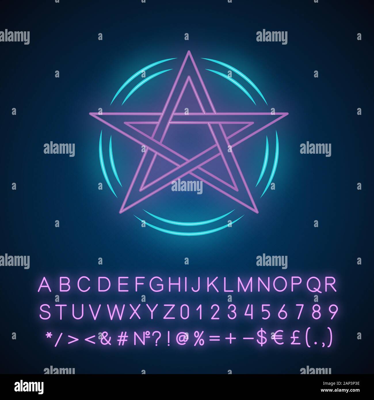 Pentagram neon light icon. Occult ritual pentacle. Devil star. Satanic ...