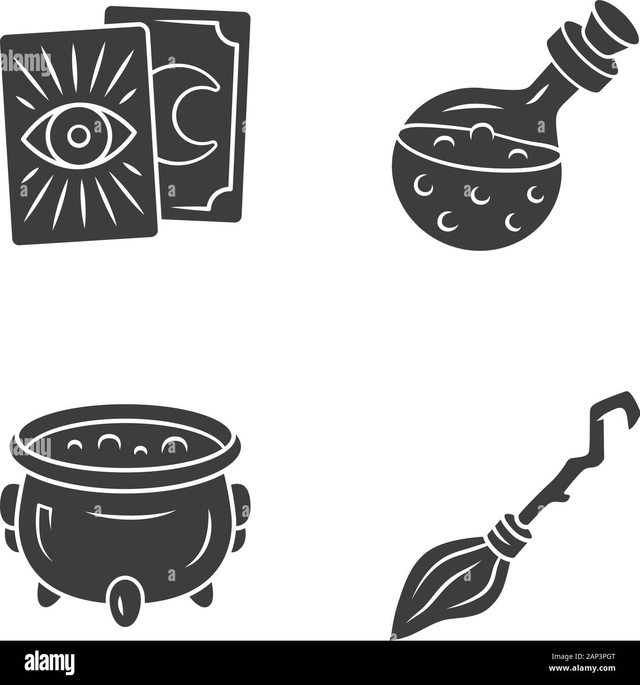 Magic glyph icons set. Tarot cards, potion, witch cauldron and ...