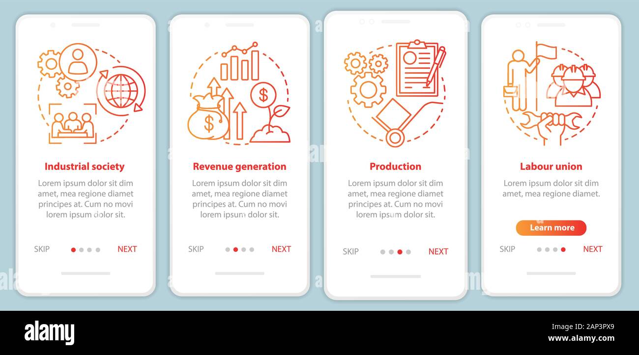 Production process red onboarding mobile app page screen vector template. Industrial society ...