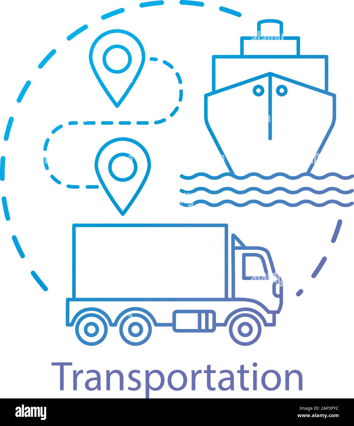 Transportation concept icon. Shipping by sea and by land. Route, ship ...