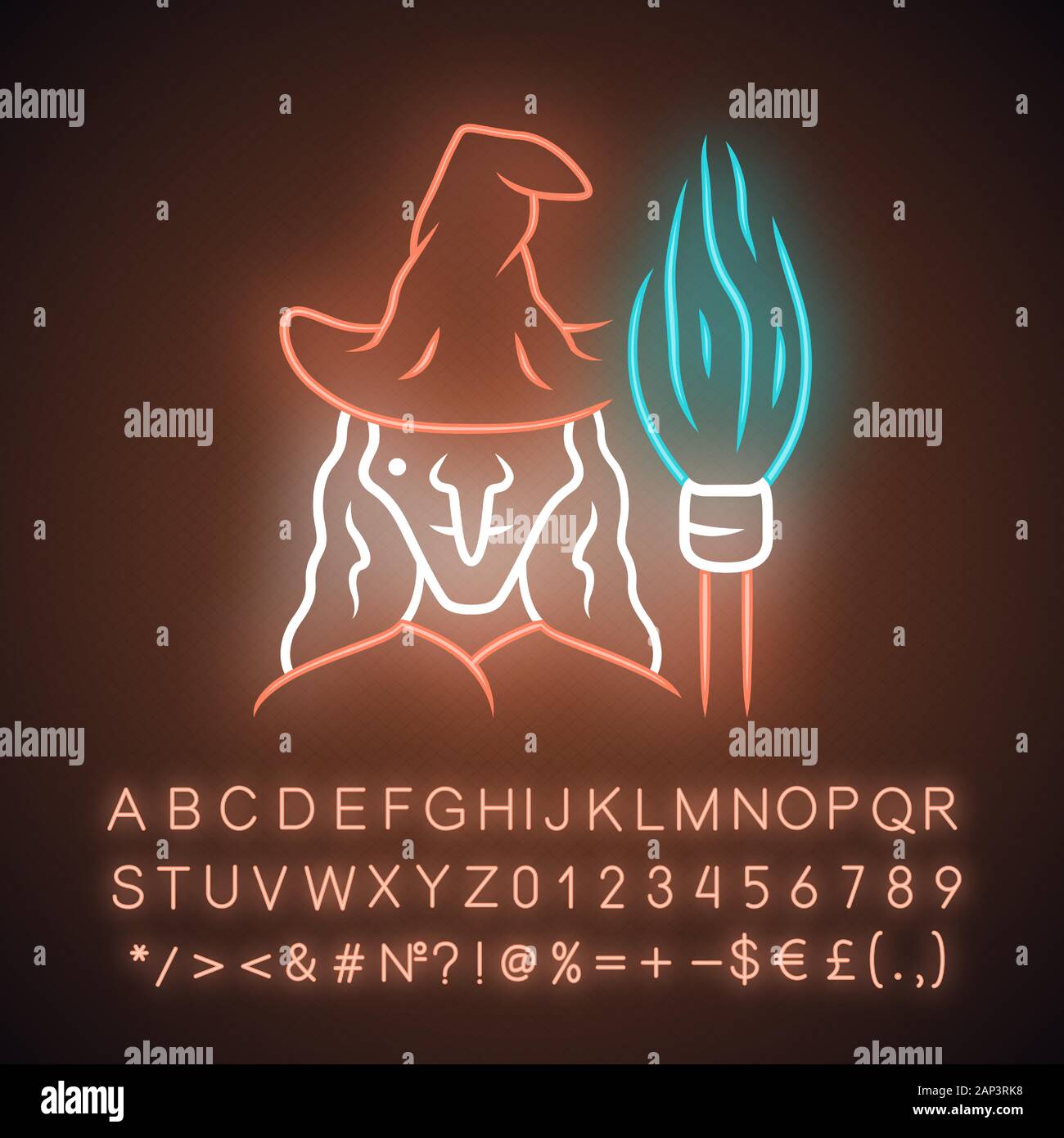 Witch neon light icon. Wicked sorceress, hag with broomstick. Halloween ...