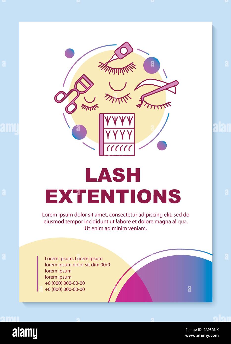 Lash extension poster template layout. False eyelashes glue, curler ...