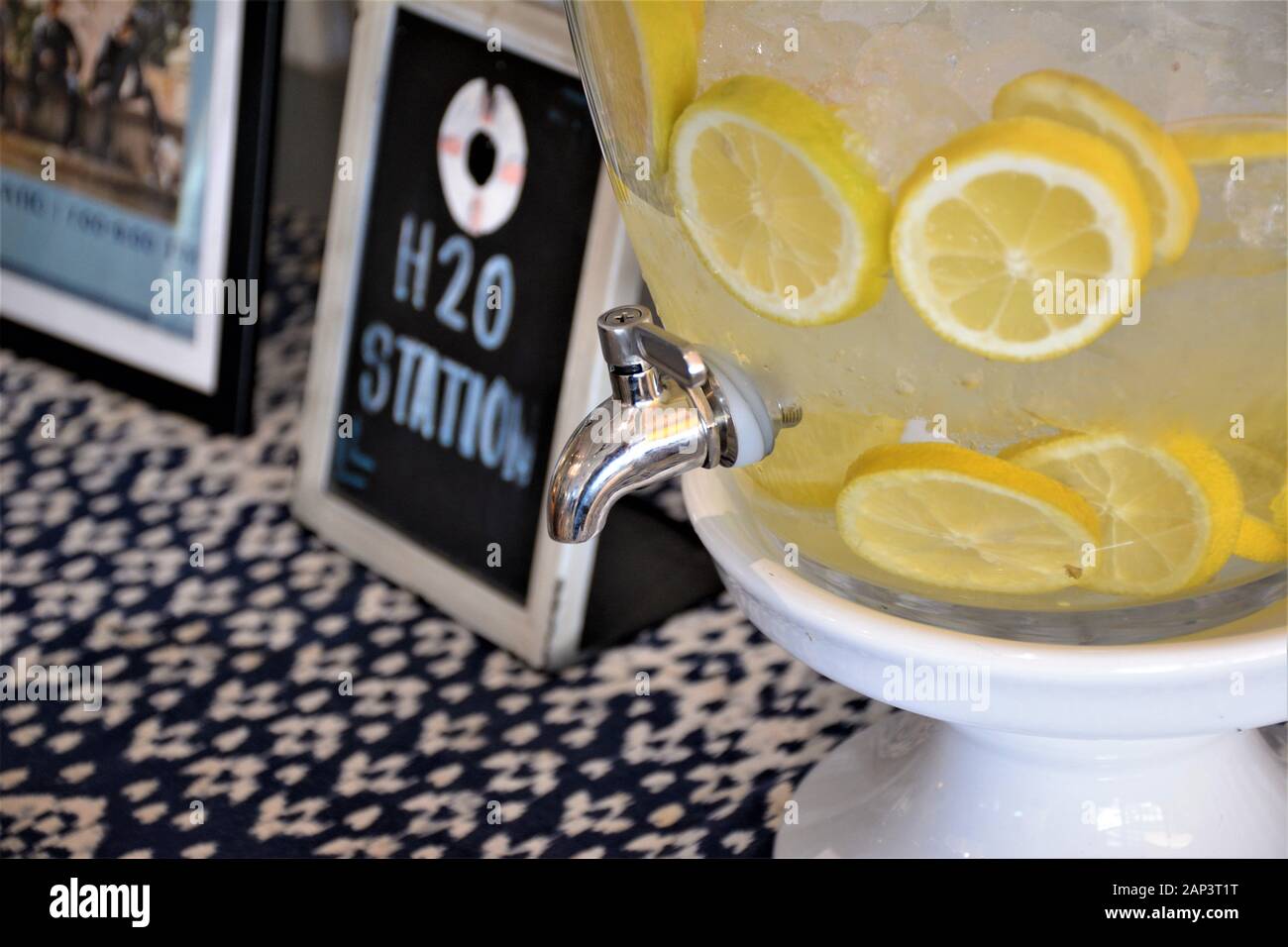 Water for use in lobby of hotel H2O stop with lemon for taste Stock ...