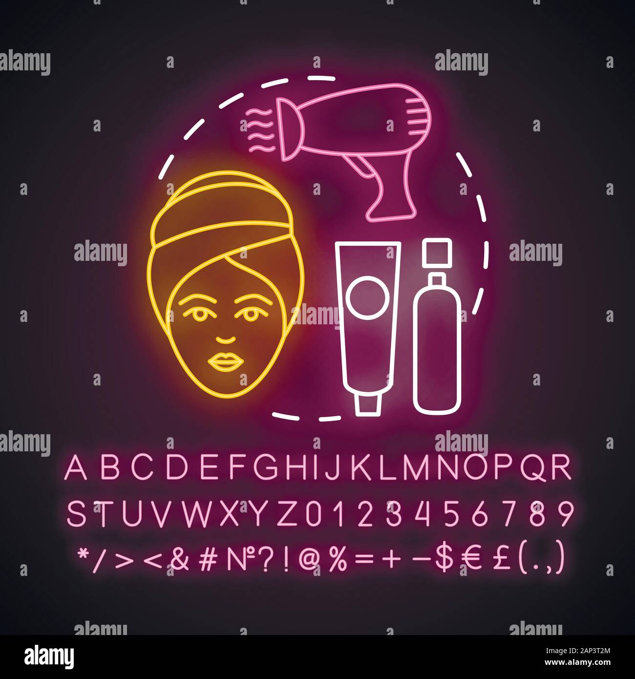 Shampoo and blow dry neon light concept icon. Hair care, treatment ...