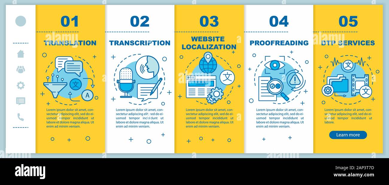 Text services onboarding mobile web pages vector template. Translation. Responsive smartphone ...