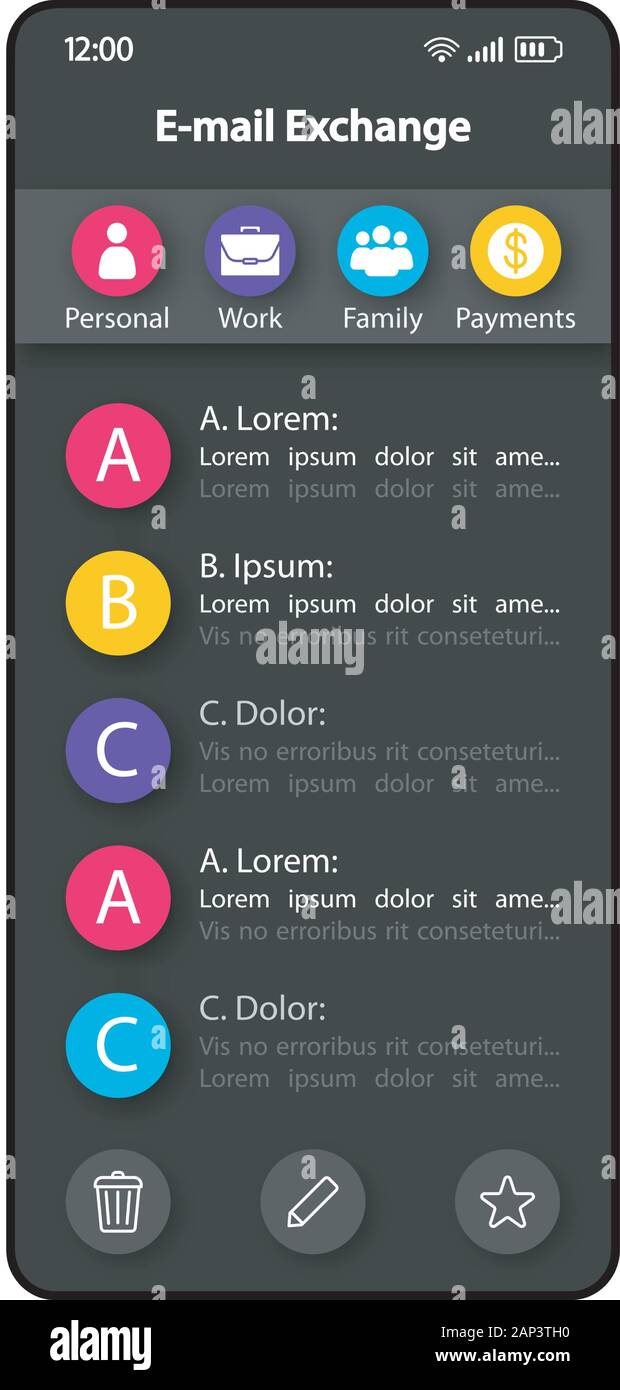 E-mails manager smartphone interface vector template. Mobile app page ...