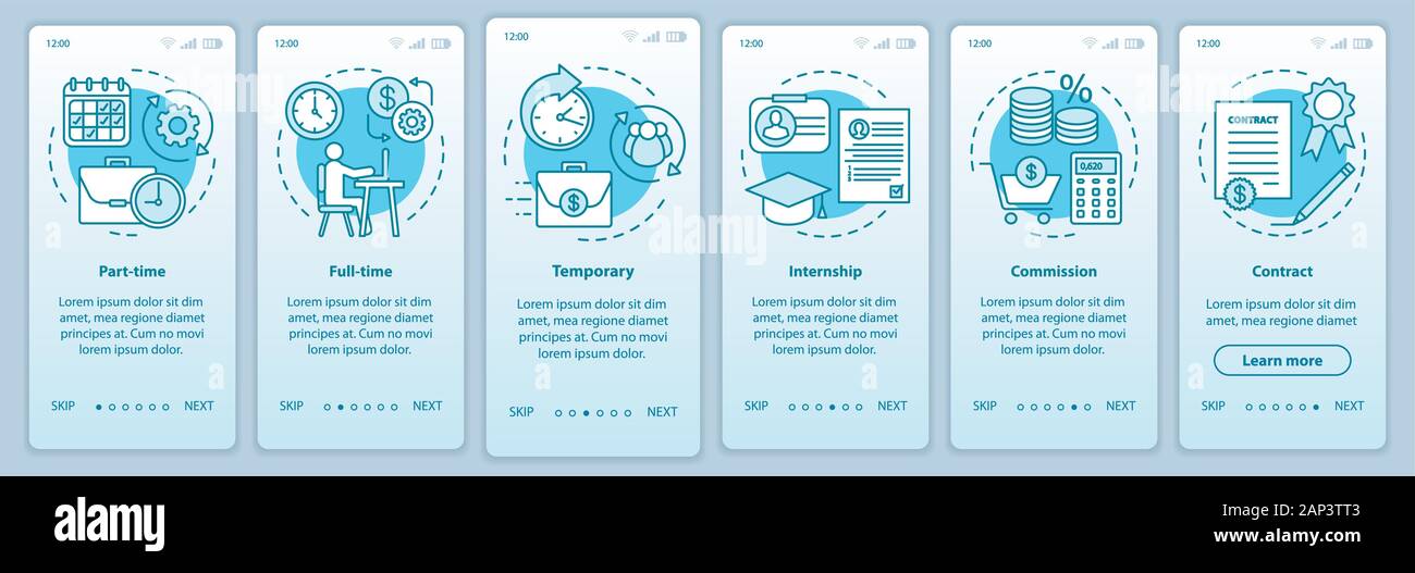 Jobs types turquoise onboarding mobile app page screen vector template. Part-time, temporary ...