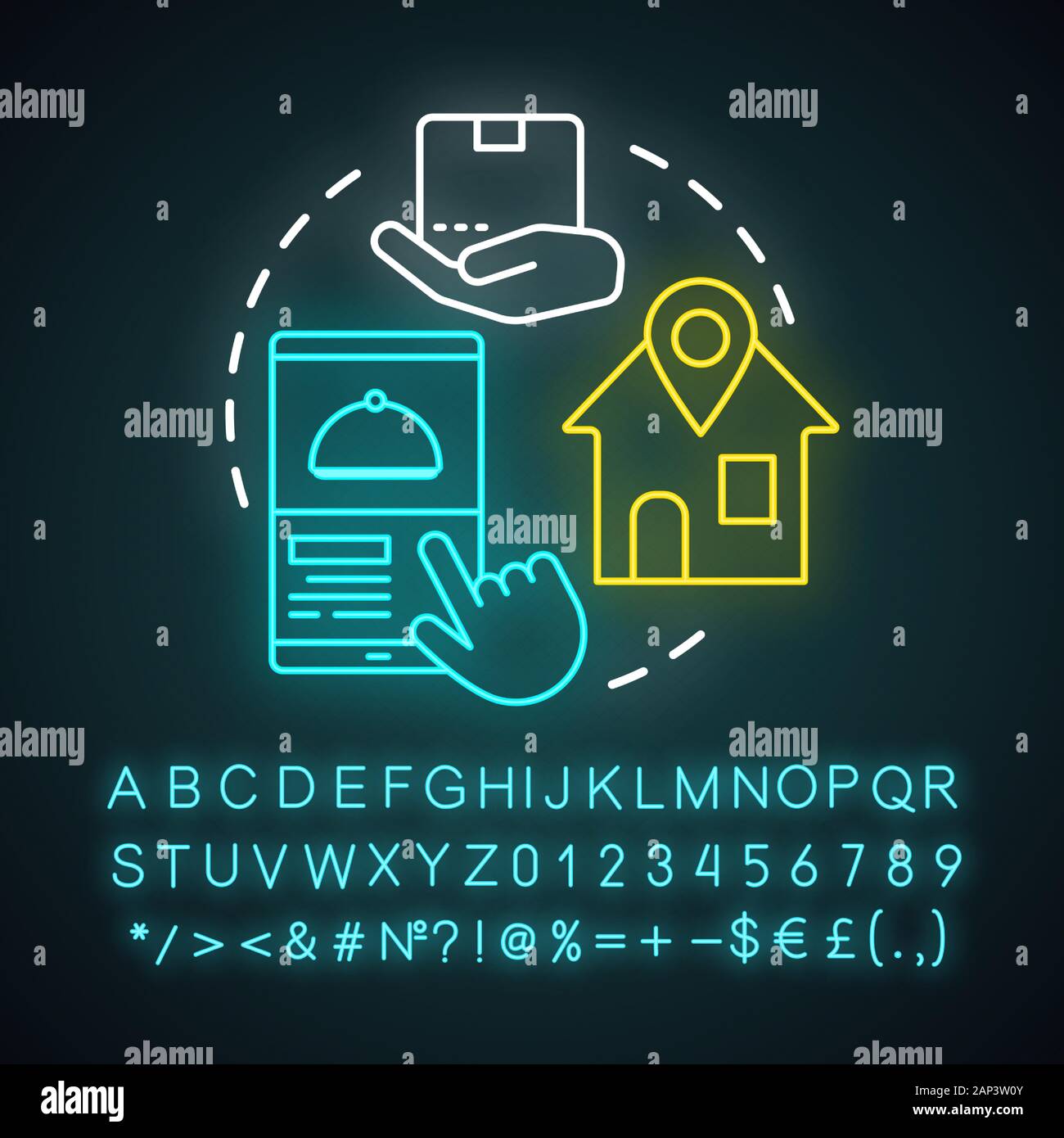 Food delivery neon light concept icon. Customer service, lunch ordering ...