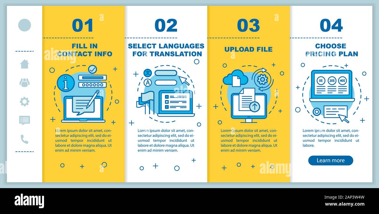 Translation service onboarding mobile web pages vector template. Upload ...