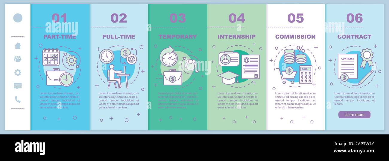 Jobs types onboarding mobile web pages vector template. Part-time, full-time. Responsive ...