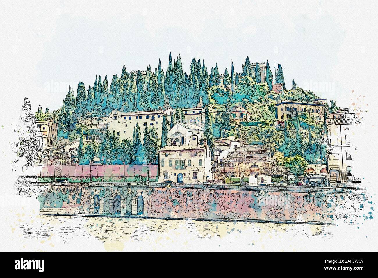 Watercolor sketch of a beautiful view of the traditional architecture ...
