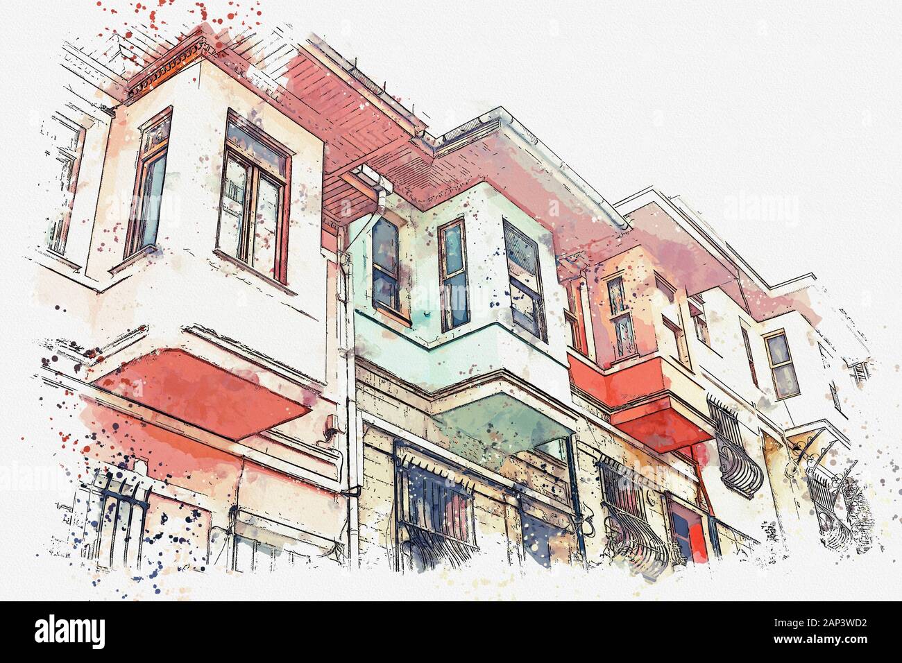 Watercolor sketch of ancient traditional apartment buildings in the ...