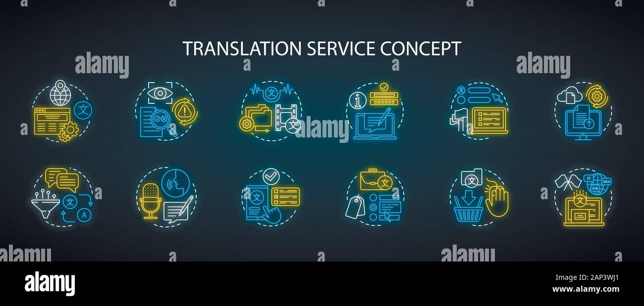 Translation service neon light concept icons set. Foreign language ...