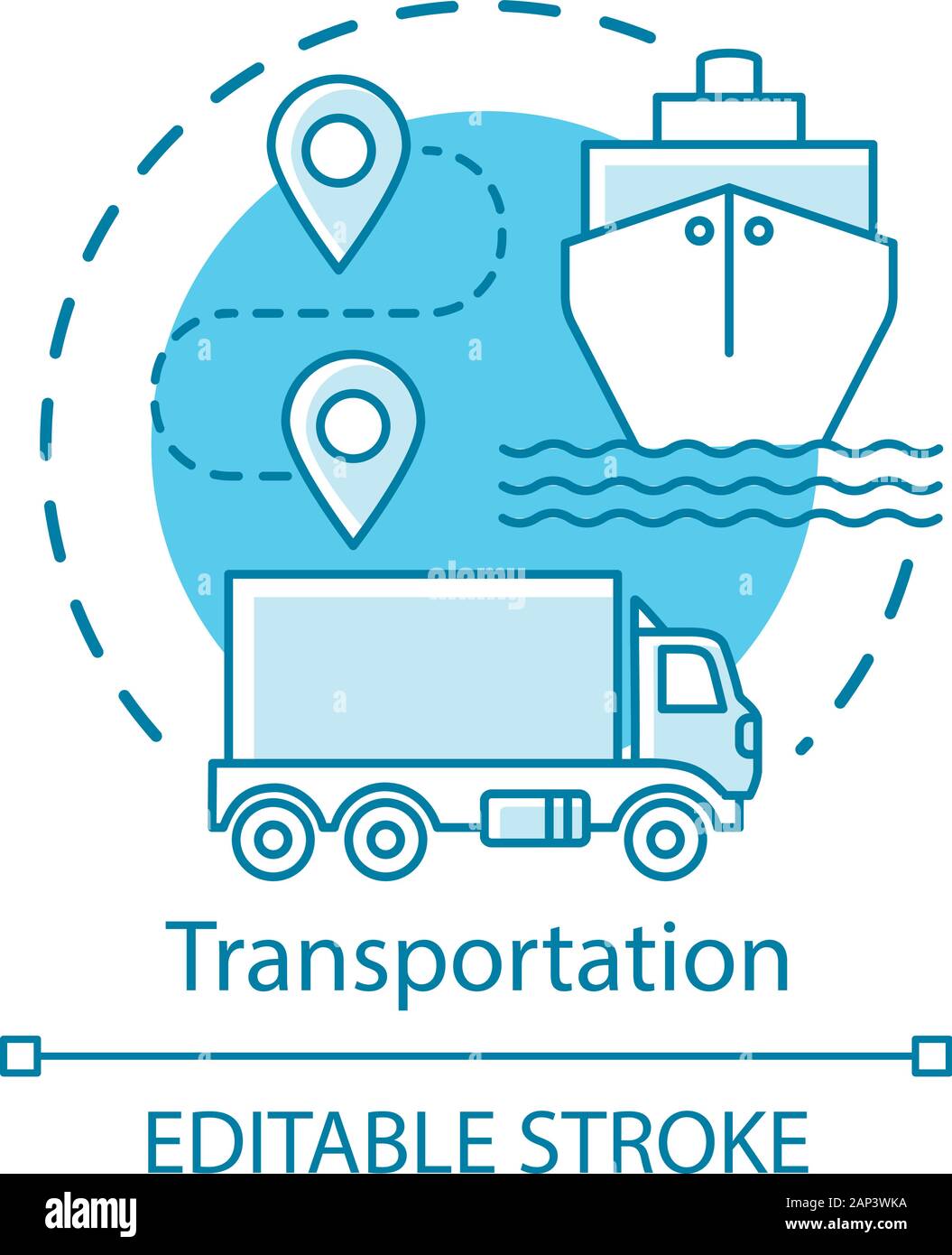 Transportation concept icon. Shipping by sea and by land. Route, ship ...