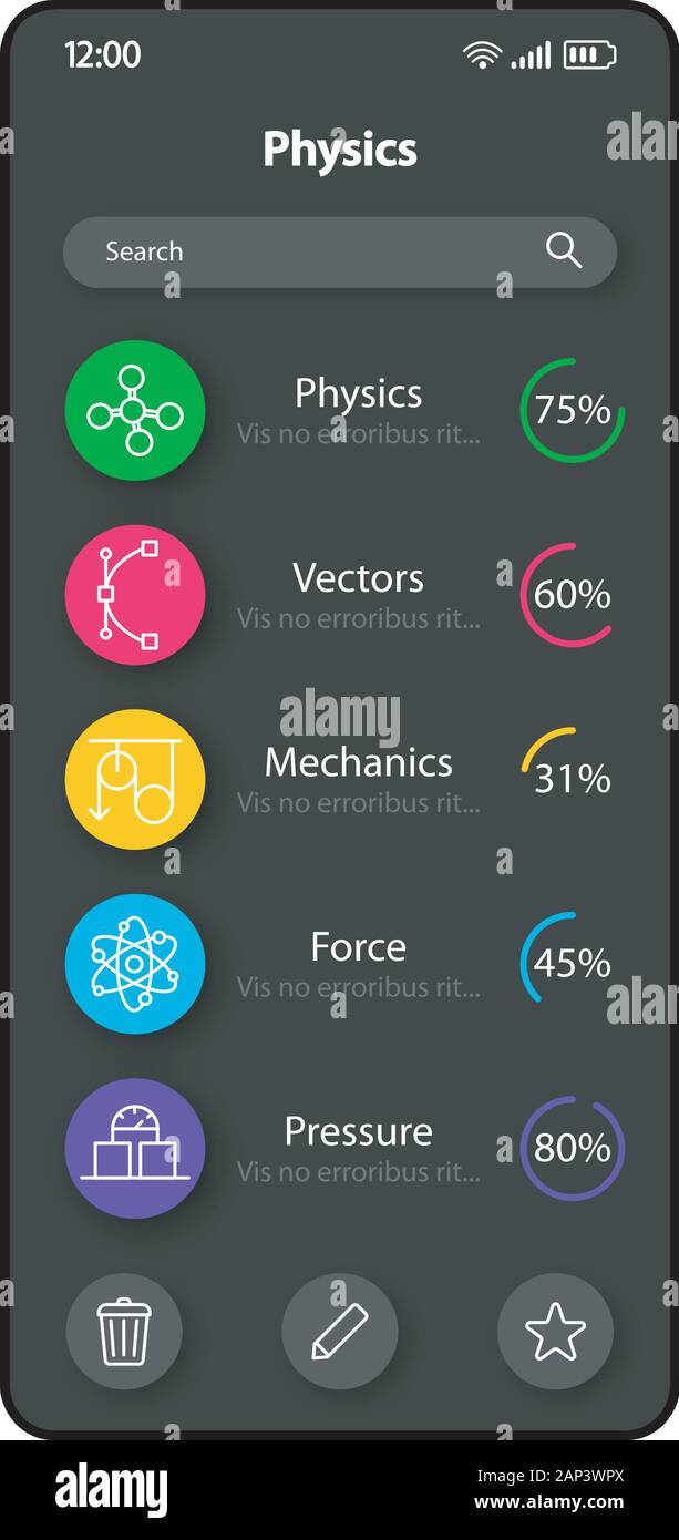 Learning physics smartphone interface vector template. Mobile app page ...