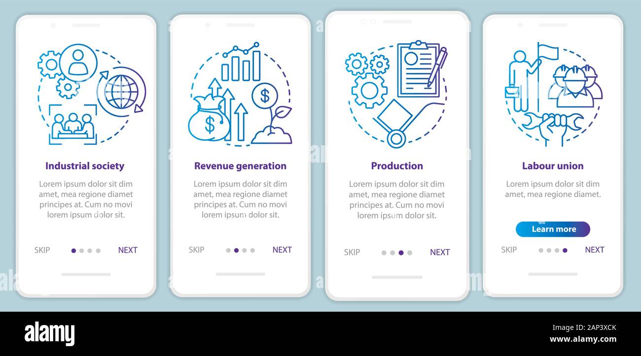 Production process blue onboarding mobile app page screen vector template. Industrial society ...