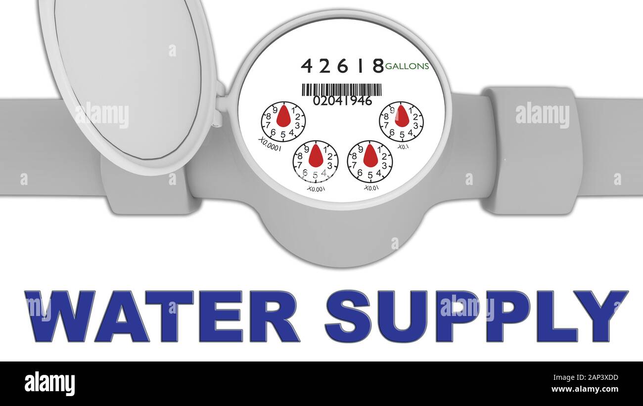 3D illustration of a water meter along with the script WATER SUPPLY ...