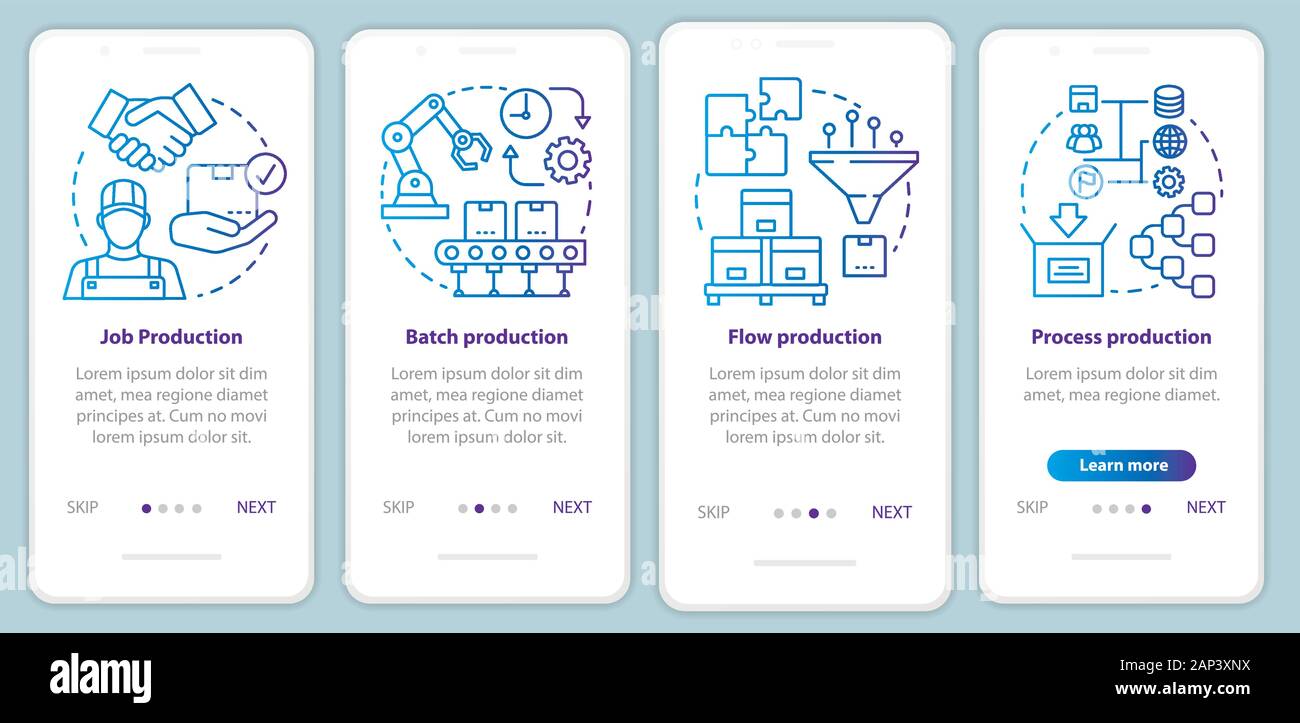 Manufacturing method blue onboarding mobile app page screen vector ...