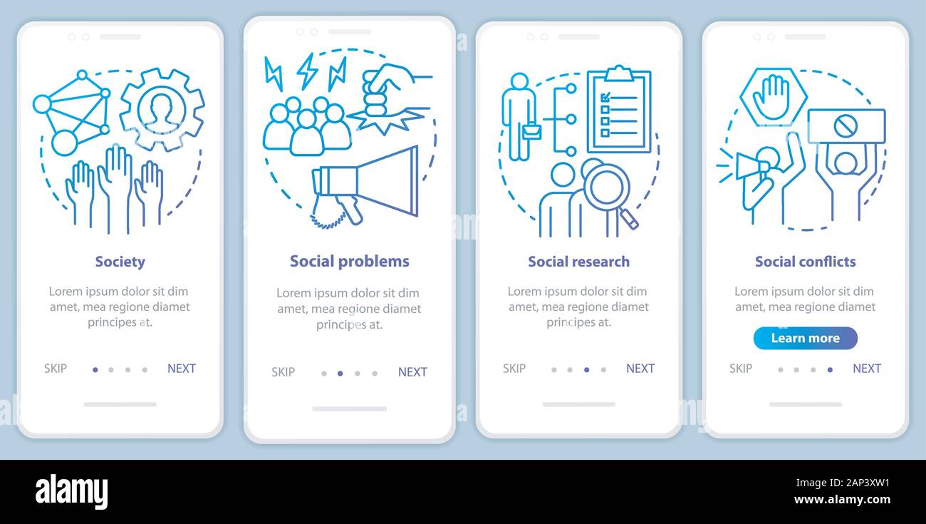 Sociology onboarding mobile app page screen with linear concepts. Society, social problems ...