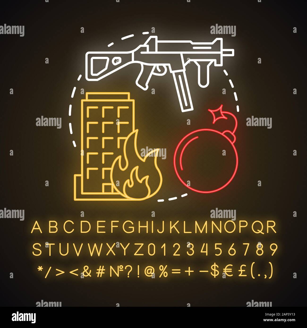 Terrorism neon light concept icon. Gun violence idea. War & terror ...