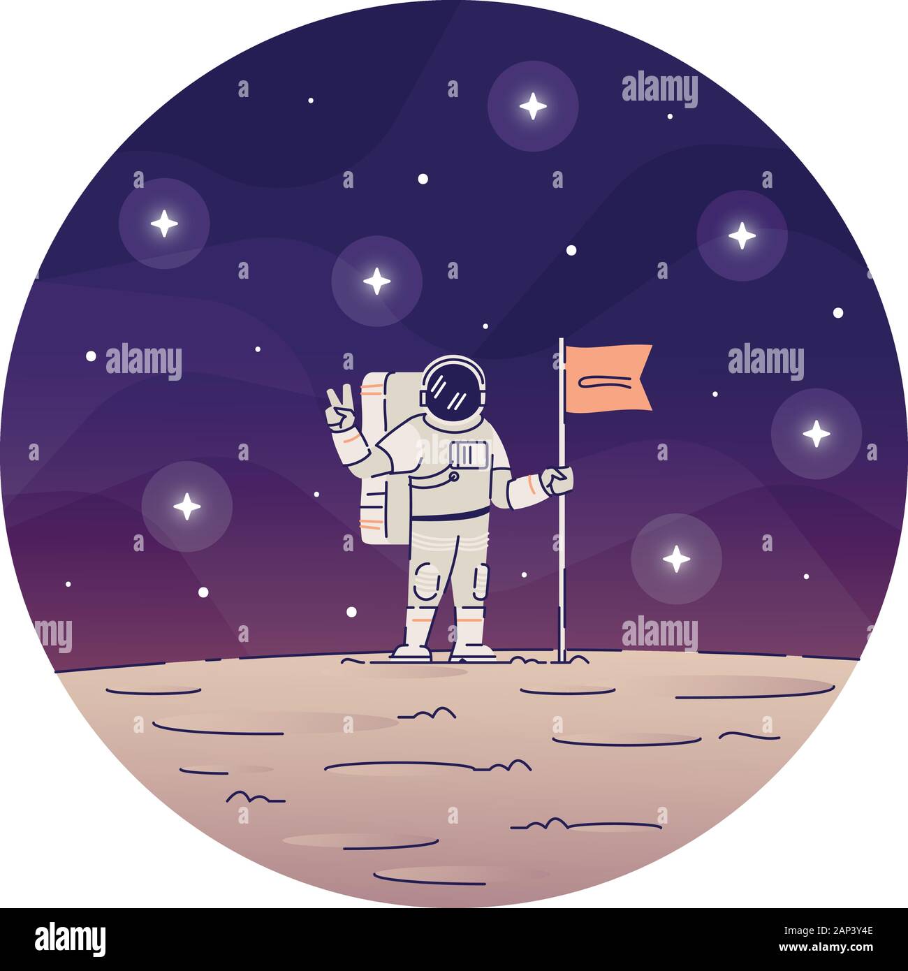 Astronaut planting flag on moon flat concept icon. Male cosmonaut ...