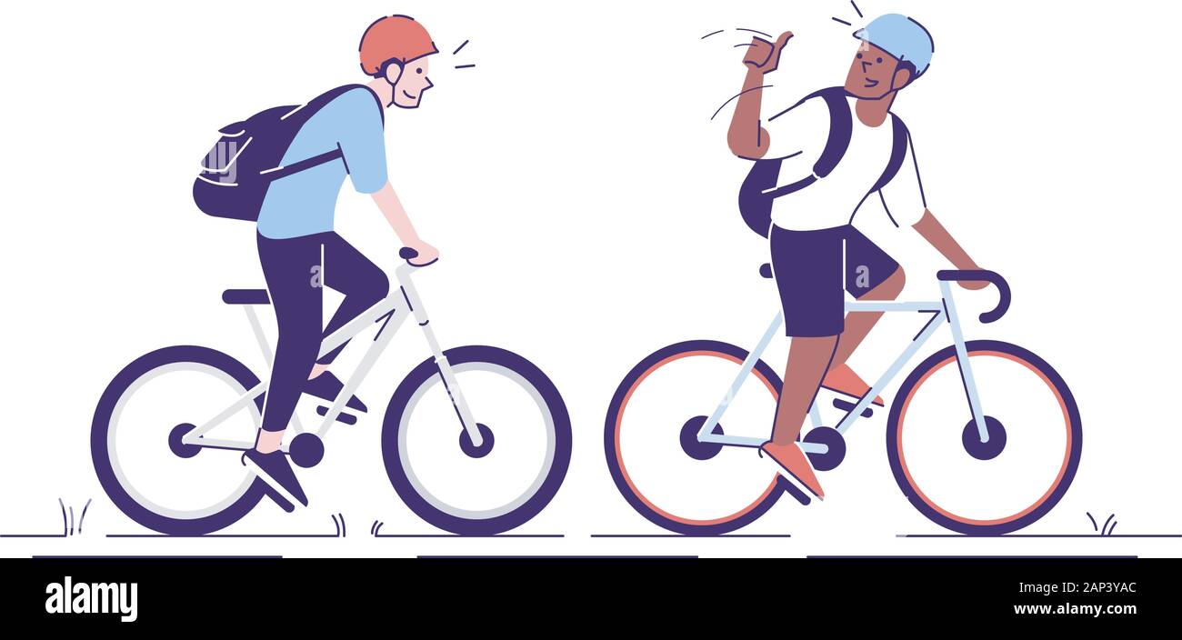 Friends riding bicycles flat vector illustrations. Cyclists with ...
