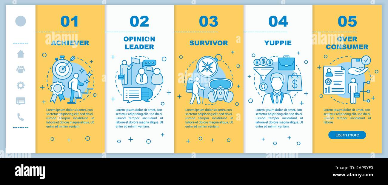 Lifestyle types onboarding mobile web pages vector template. Achiever, leader. Responsive ...
