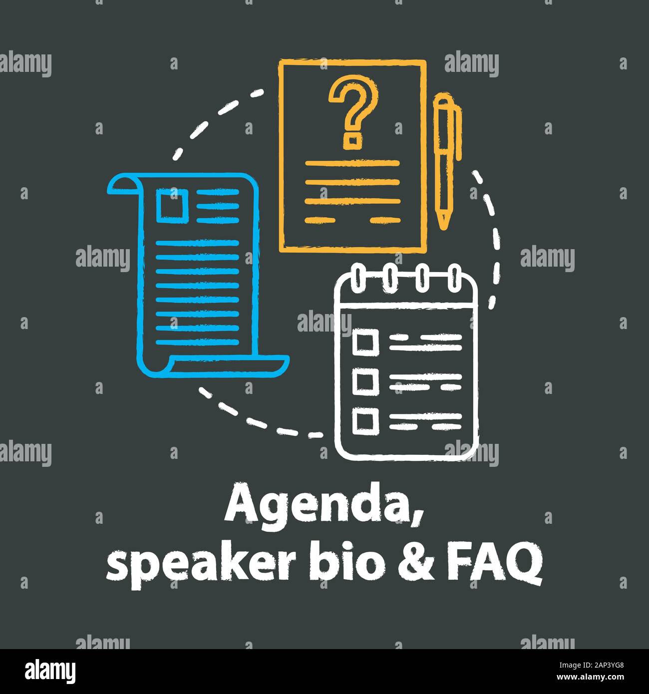 Agenda, speaker bio & FAQ chalk concept icon. Conference, appointment ...