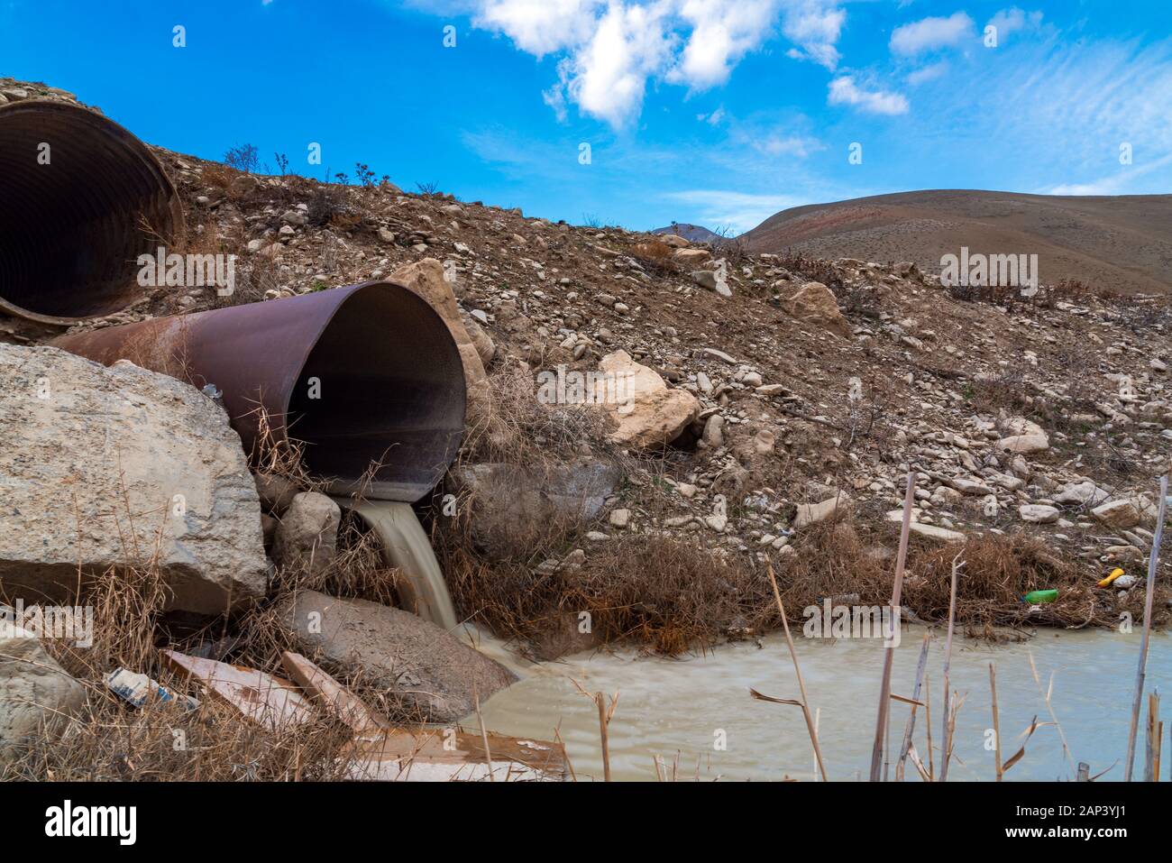Dirty sewage from the pipe, environmental pollution Stock Photo - Alamy