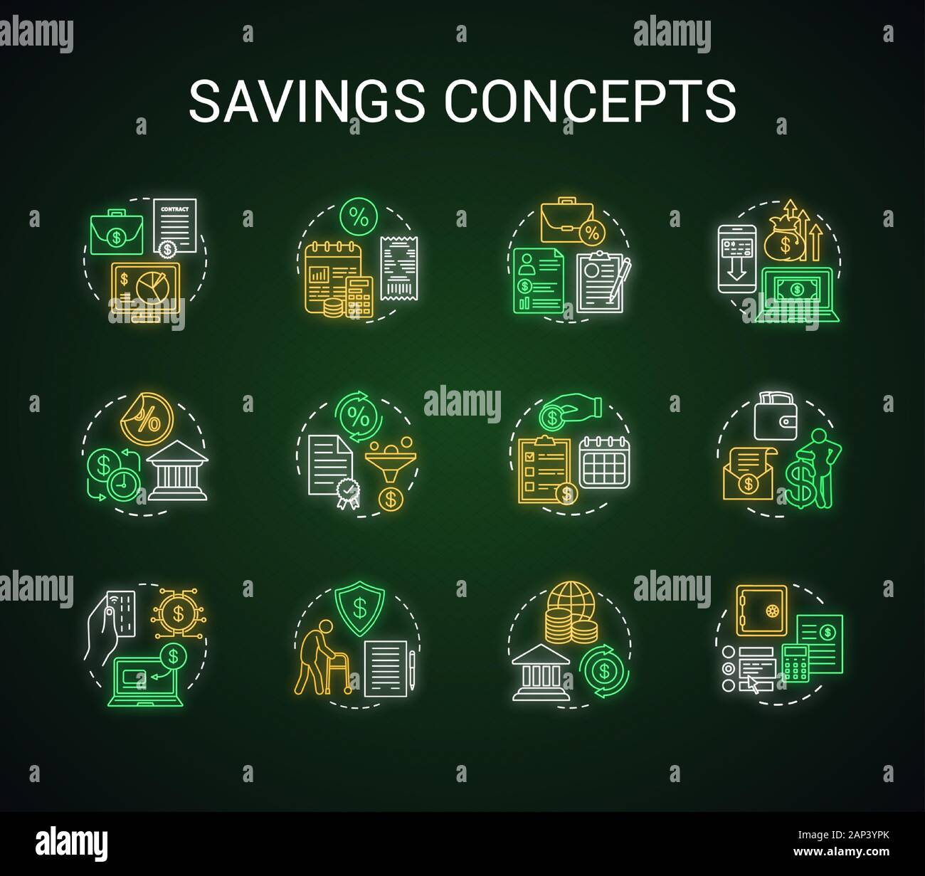 Savings neon light concept icons set. Different banking systems ...