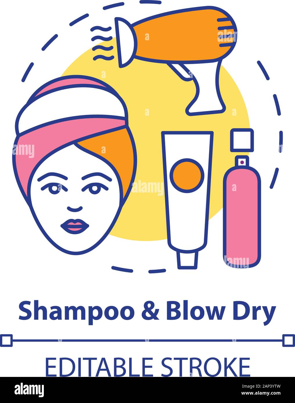 Shampoo and blow dry concept icon. Hair care and treatment products ...