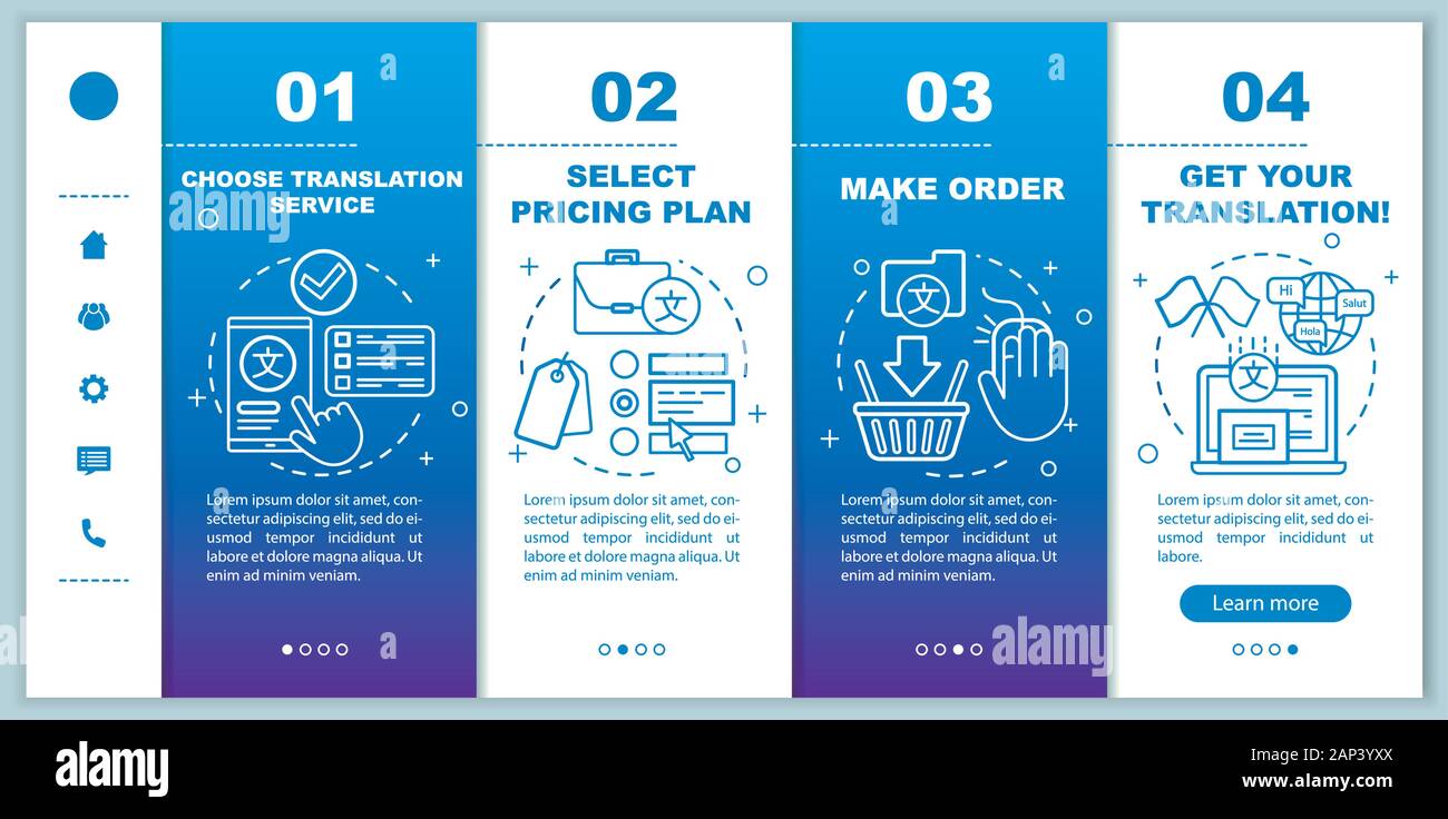 Translation service process onboarding mobile web pages vector template ...