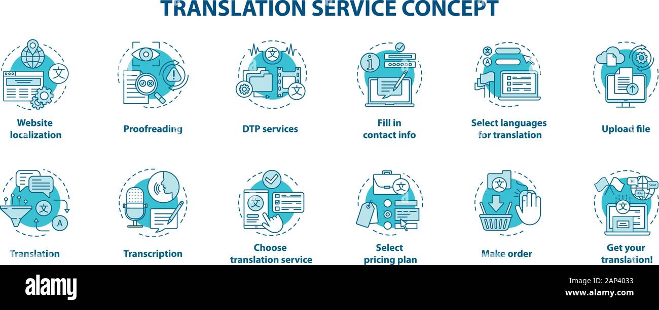 Translation service blue concept icons set. Foreign language ... Translation service blue concept icons set. Foreign language ...