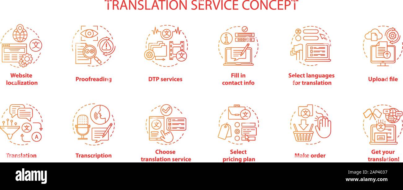 Translation service red concept icons set. Foreign language translation ... Translation service red concept icons set. Foreign language translation ...
