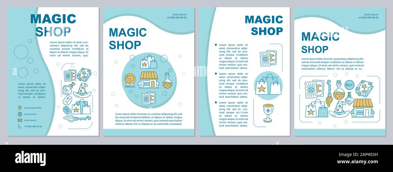 Magic shop brochure template layout. Esoteric store blue flyer, booklet ...