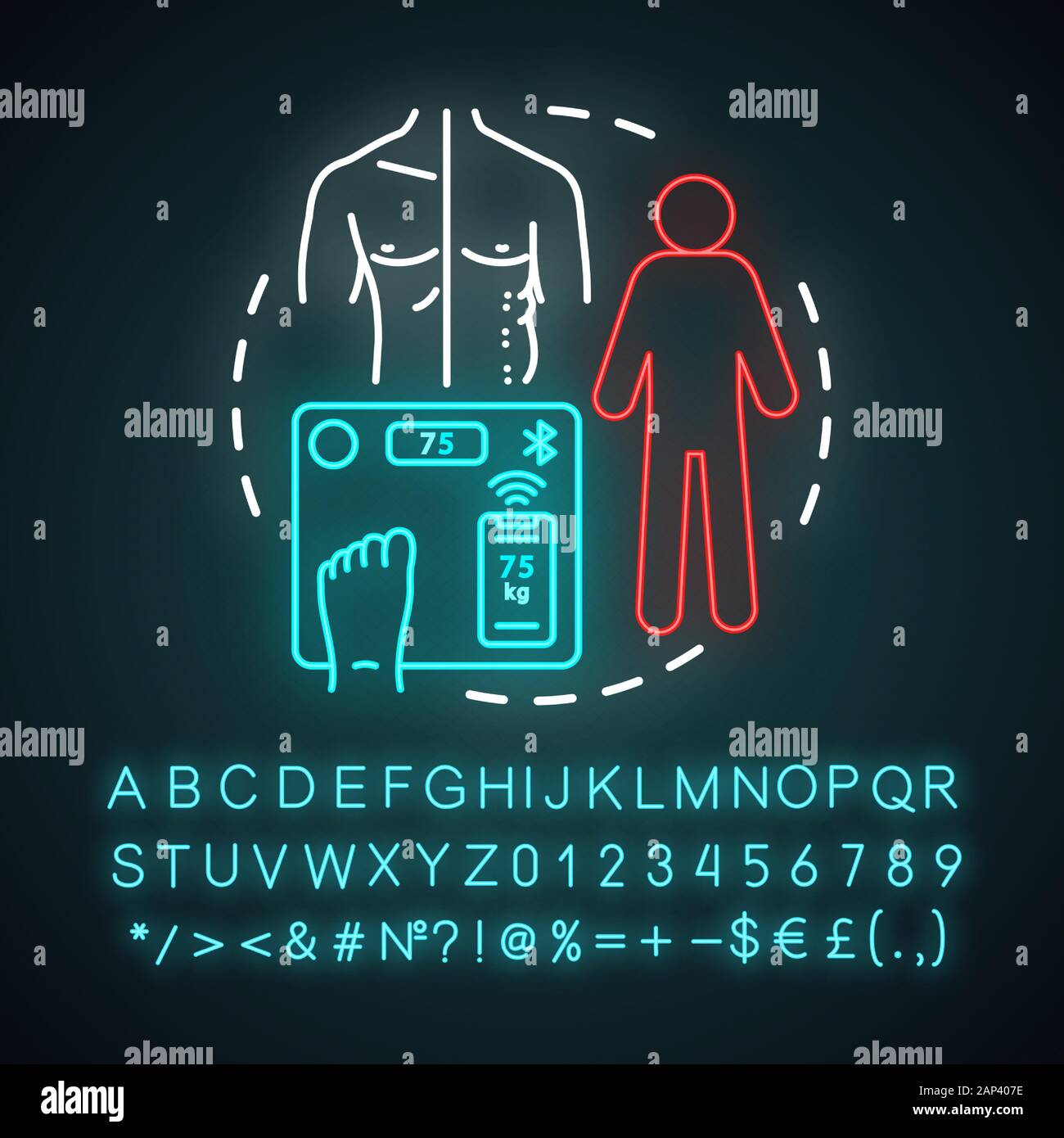 Obesity problem neon light concept icon. Measuring body weight with ...
