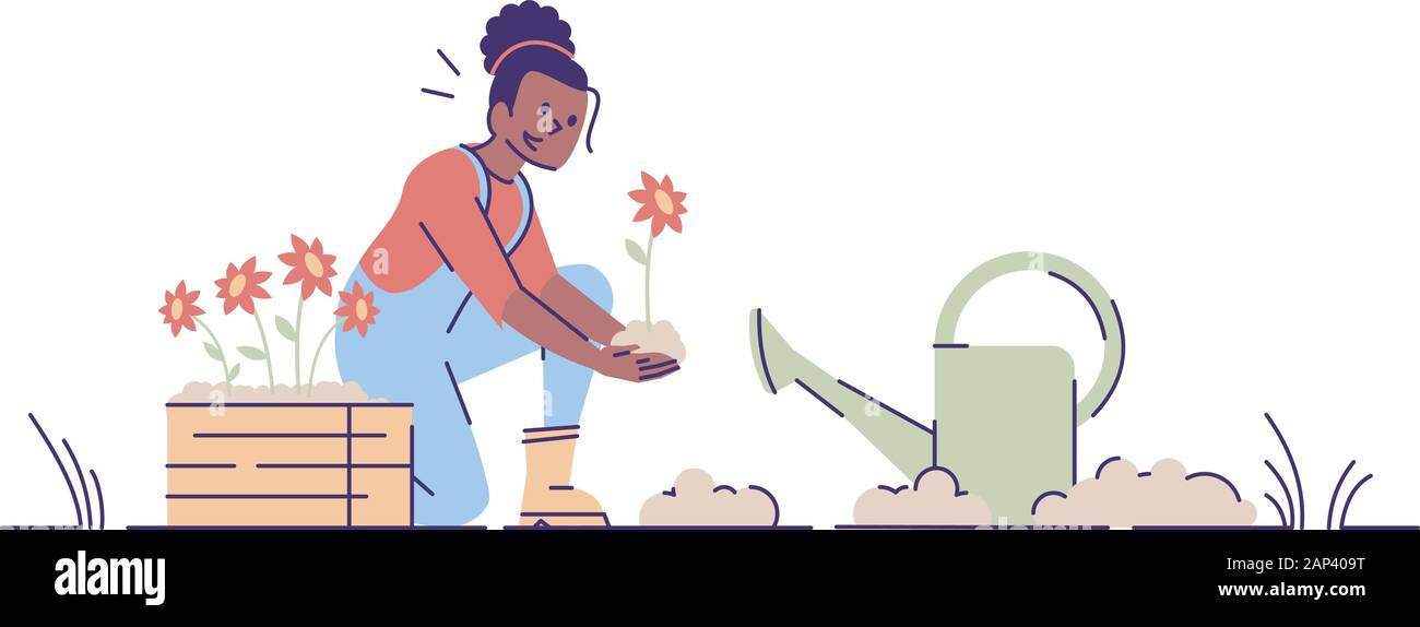 Girl gardening flat vector illustration. African american woman ...