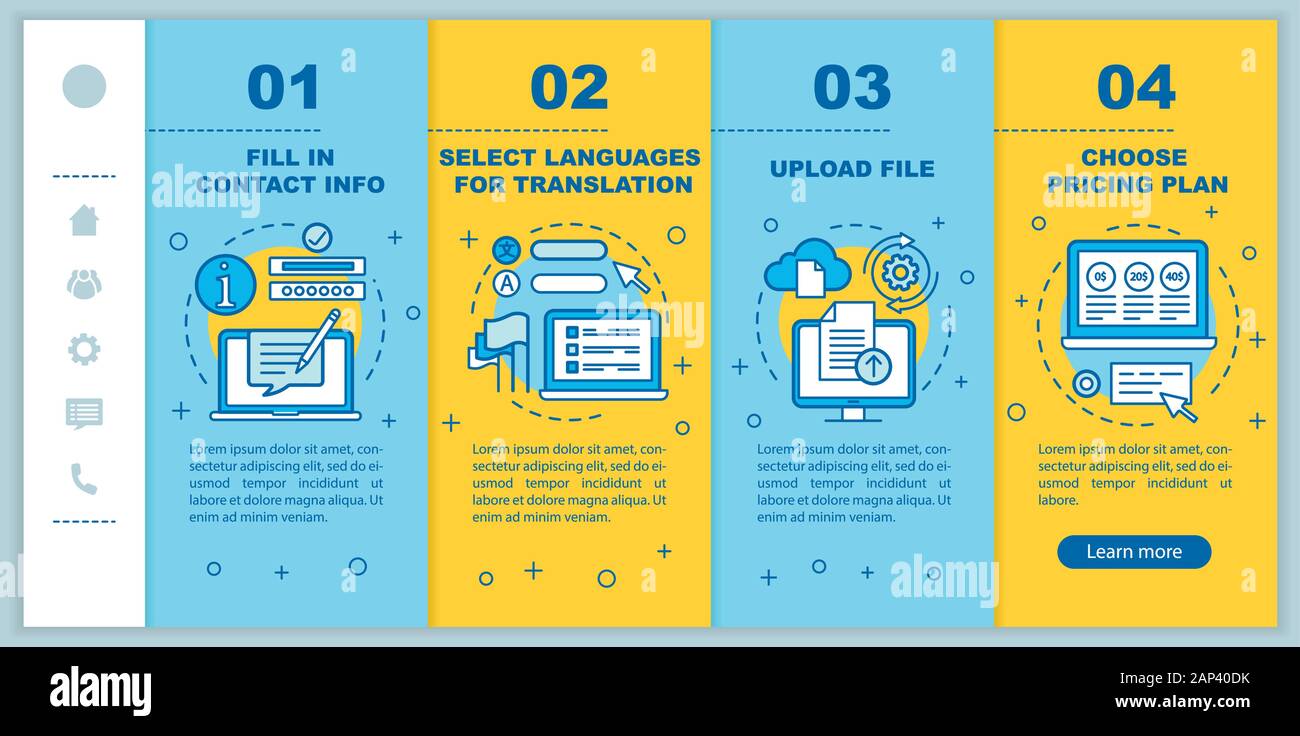 Translation service onboarding mobile web pages vector template. Upload file. Responsive ...