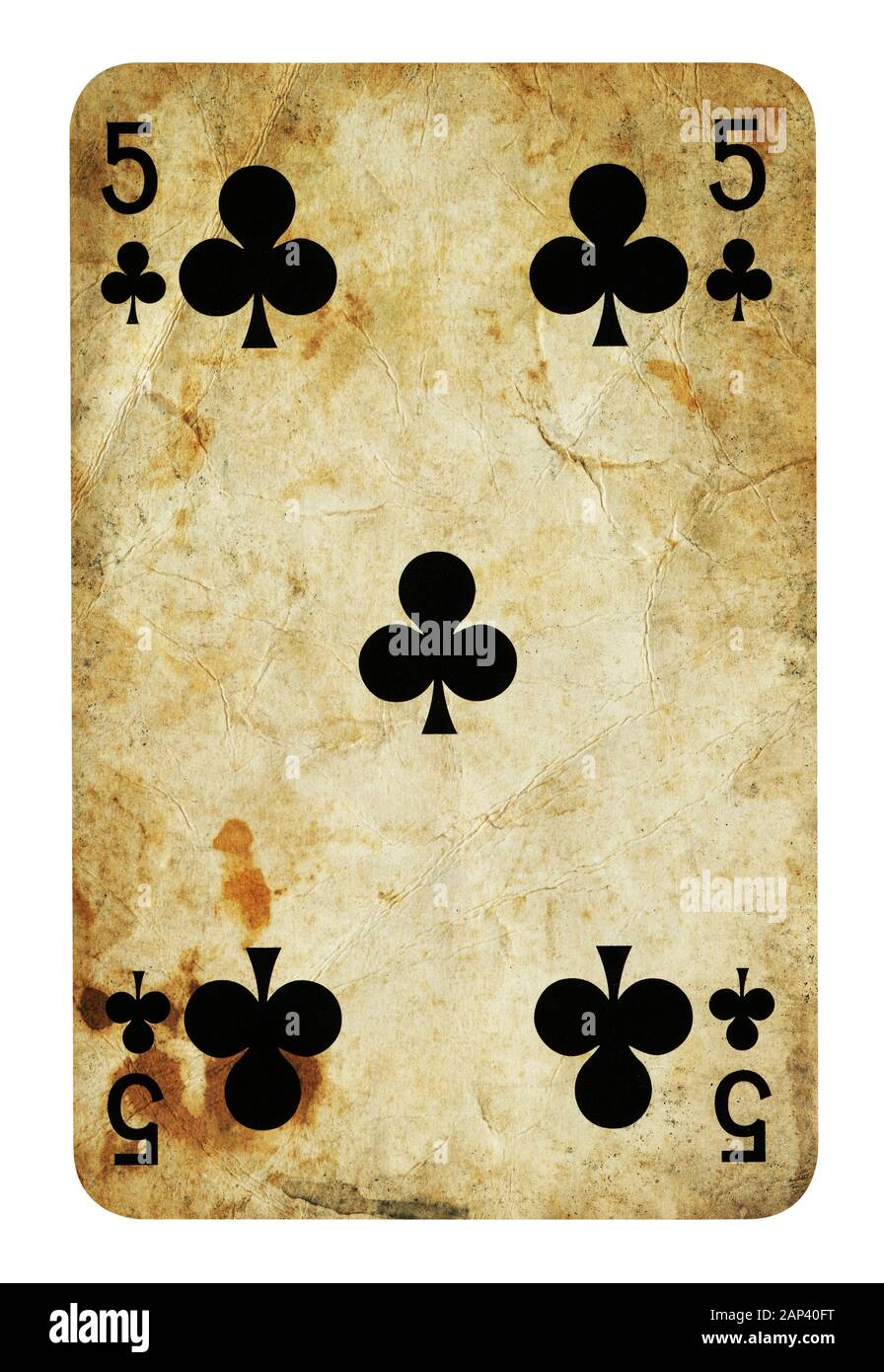 Five of Clubs Vintage playing card - isolated on white (clipping path ...