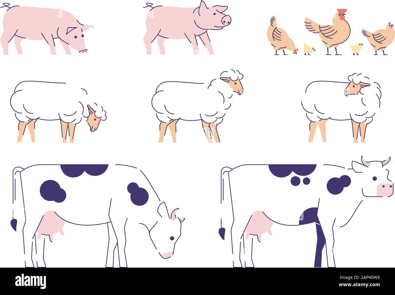 Domestic animals flat vector illustrations set. Livestock, husbandry ...