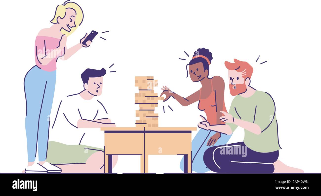 Friends playing jenga flat vector illustrations. Couples enjoy table ...
