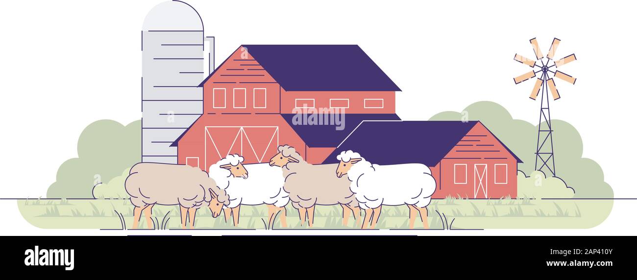 Sheep farm flat vector illustration. Livestock farming, animal ...